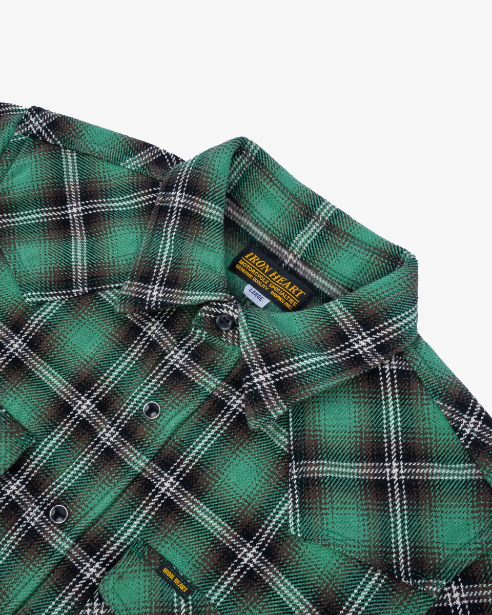 12oz Ultra Heavy Flannel Check Western Shirt - Green - Iron Heart Denim ...